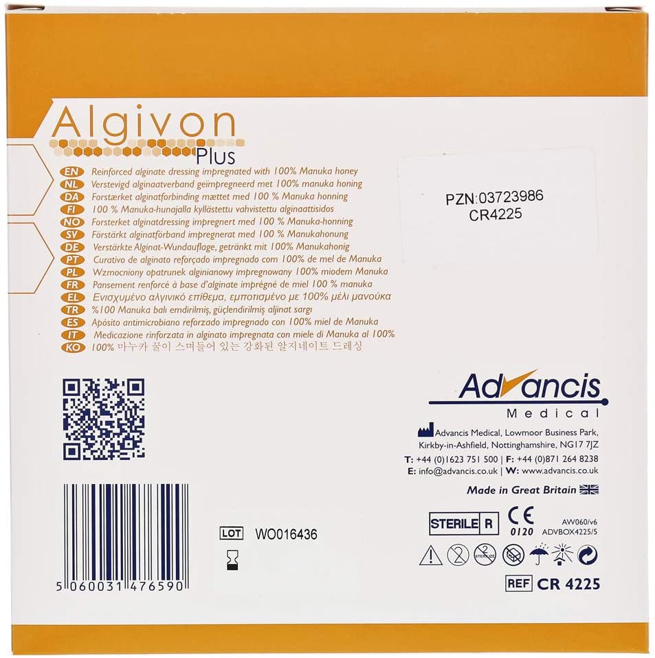 Algivon Plus Manuka Honey Alginate Square Wound Dressing, 10 x 10 cm 5 ...